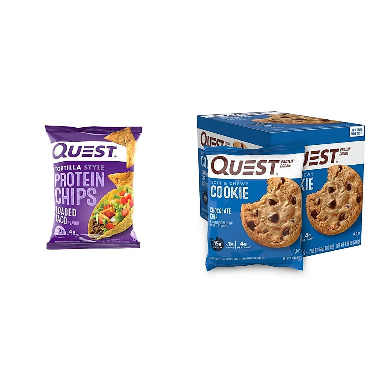 Quest Nutrition Tortilla Style Loaded Taco Protein Chips (Pack of 12) and Chocolate Chip Protein Cookie (12 Count)