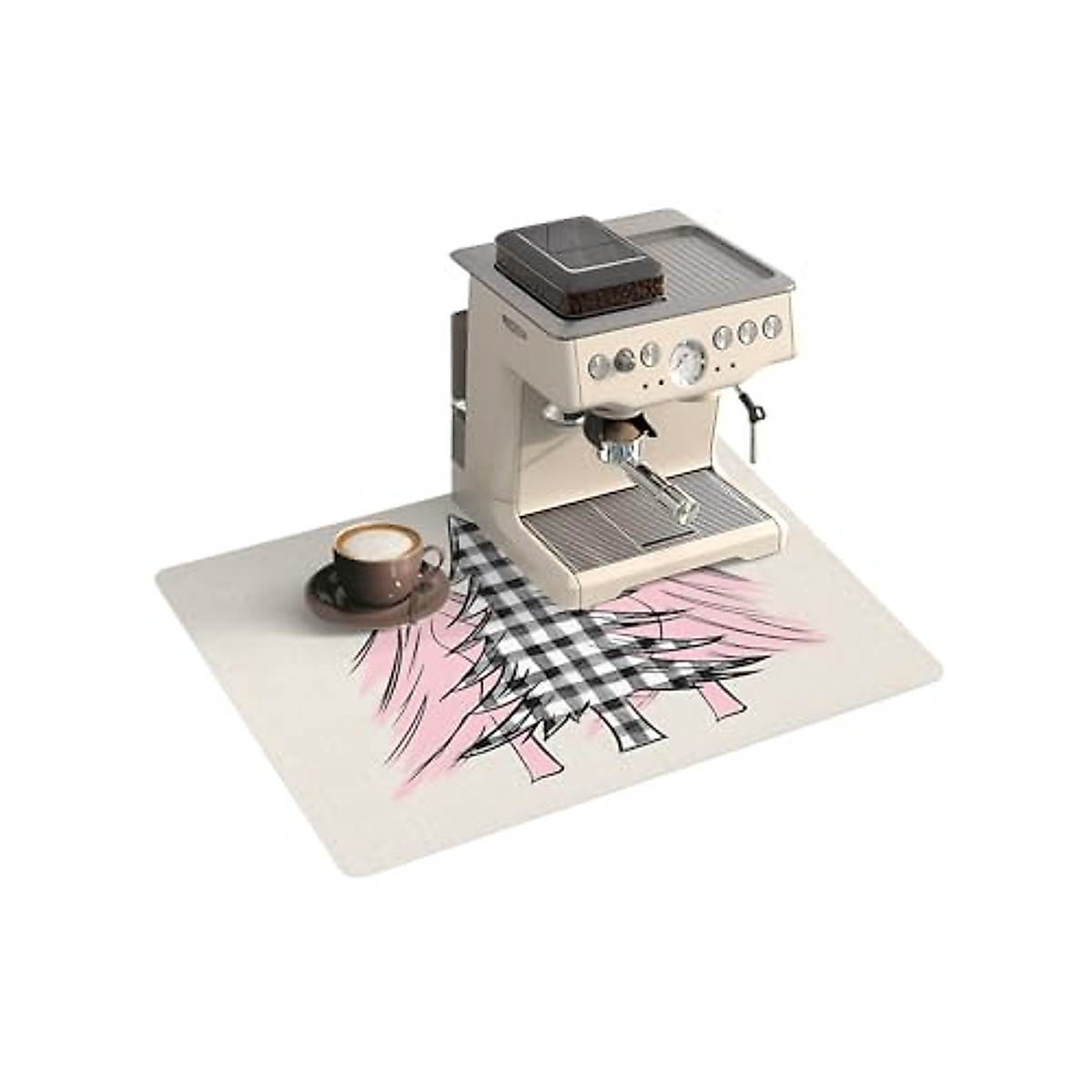 Coffee Mat for Counter, Pink and Black White Plaid Christmas Tree Absorbent Hide Stain Coffee Bar Mat, Non-slip Coffee Bar Accessories Kitchen Drying Mat Fit Under Coffee Maker Espresso Machine