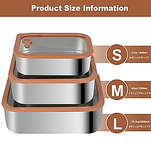 Pulreiush 3pcs Stainless Steel Food Storage Container Set With Lids - Easy Clean, Smell-Proof, Airtight & Leakproof Containers - 3Sizes (21oz/42oz/70oz) - 304 Stainless Steel