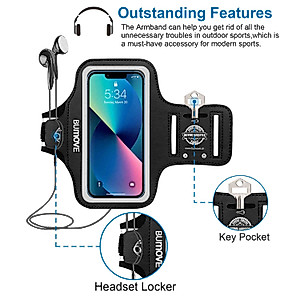 iPhone 15 Pro, 14 Pro, 15, 14 Armband, BUMOVE Gym Running Workouts Sports Phone Arm Band for iPhone 15 14 13 12 11 Pro with Card Holder (Black)