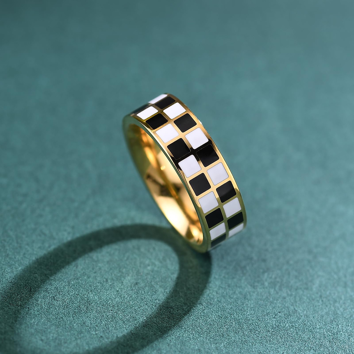 Kainier 6mm 14k Gold Plated Rings Polished Checkerboard Bands Knuckle Statement Pointer Finger Ring Comfort Fit Size 5-9