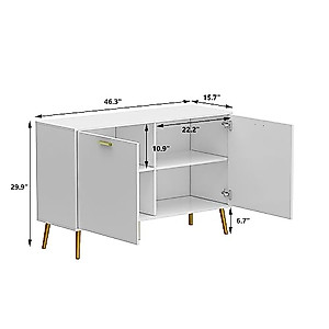 FAMAPY Modern Sideboard Buffet Storage Cabinet with Doors, Wood Buffet Table Kitchen Storage Cabinet with Gold Metal Legs, White (46.2”W x 15.6”D x 28.6”H)