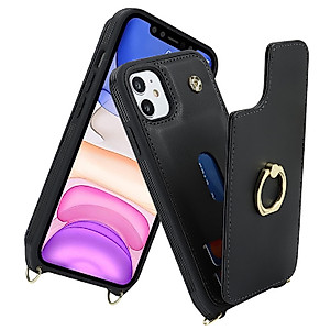 Lipvina for iPhone 13 Mini Case with Card Holder and Strap for Women,Crossbody Lanyard,Kickstand Ring Stand,Snap Clasp,RFID Blocking,Phone Wallet Cases 5.4 inch(Black)