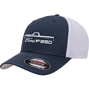 1973-77 Ford F250 Pickup Truck Outline Design Flexfit Trucker Mesh Fitted Cap Navy/White