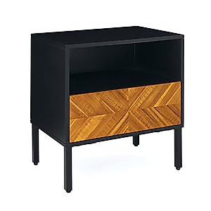 Bme Vivian Solid Wood Nightstand, End Table, Bedside Table with Herringbone Pattern for Rustic Bedroom, Easy Assembly, Rustic Golden Brown and Black