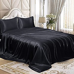 Homiest 4pcs Satin Sheets Set Luxury Silky Satin Bedding Set with Deep Pocket, 1 Fitted Sheet + 1 Flat Sheet + 2 Pillowcases (Queen Size, Black)