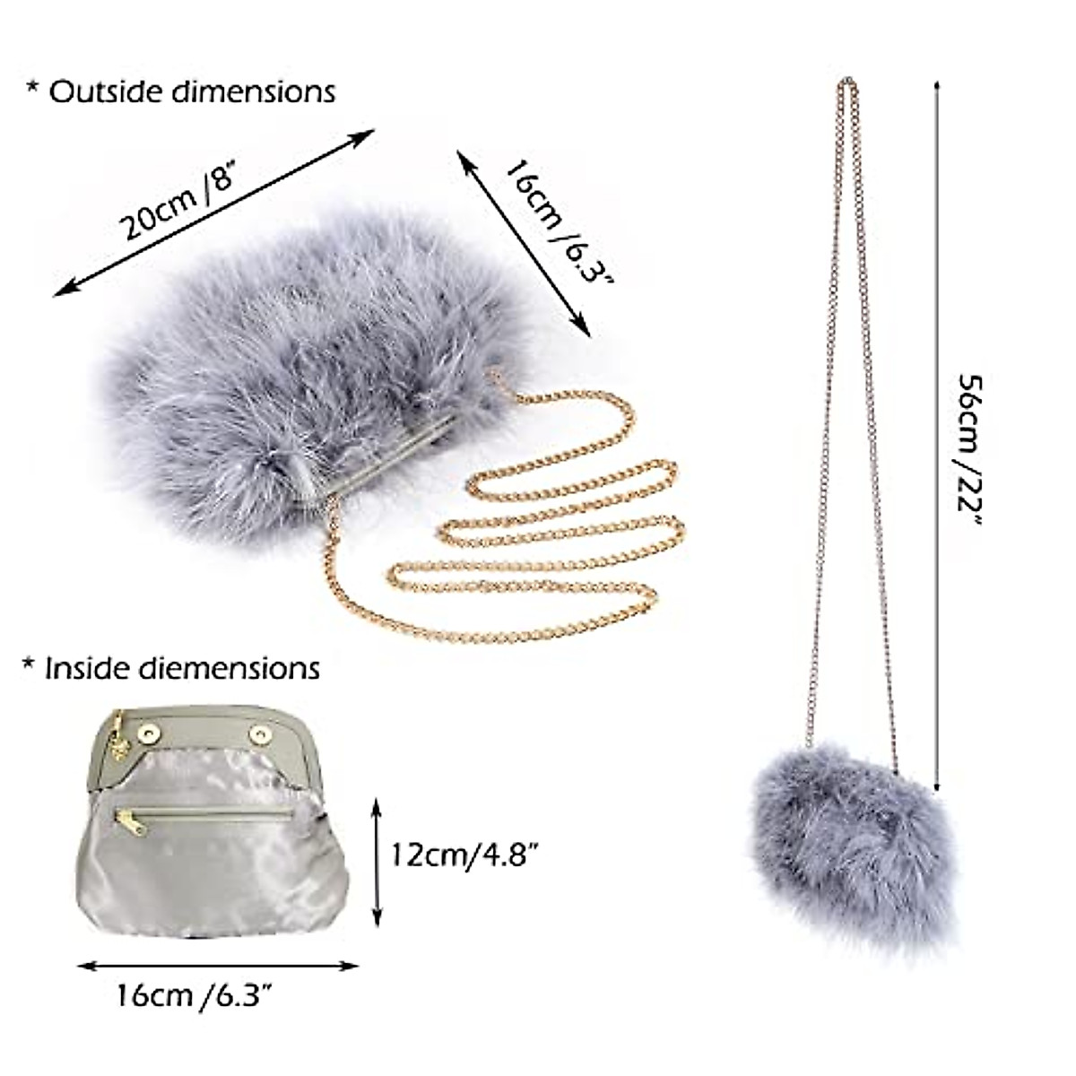 expouch Women Marabou Feather Clutch Bag Evening Handbag with Detachable Chain Strap Wedding Cocktail Party Bag (Grey)