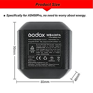 GODOX WB400PA WB400P Lithium Battery Replacement for AD400 Pro, 22.2V/2500mAh Li-ion Battery Pack AD400Pro Studio Flash Strobe Light