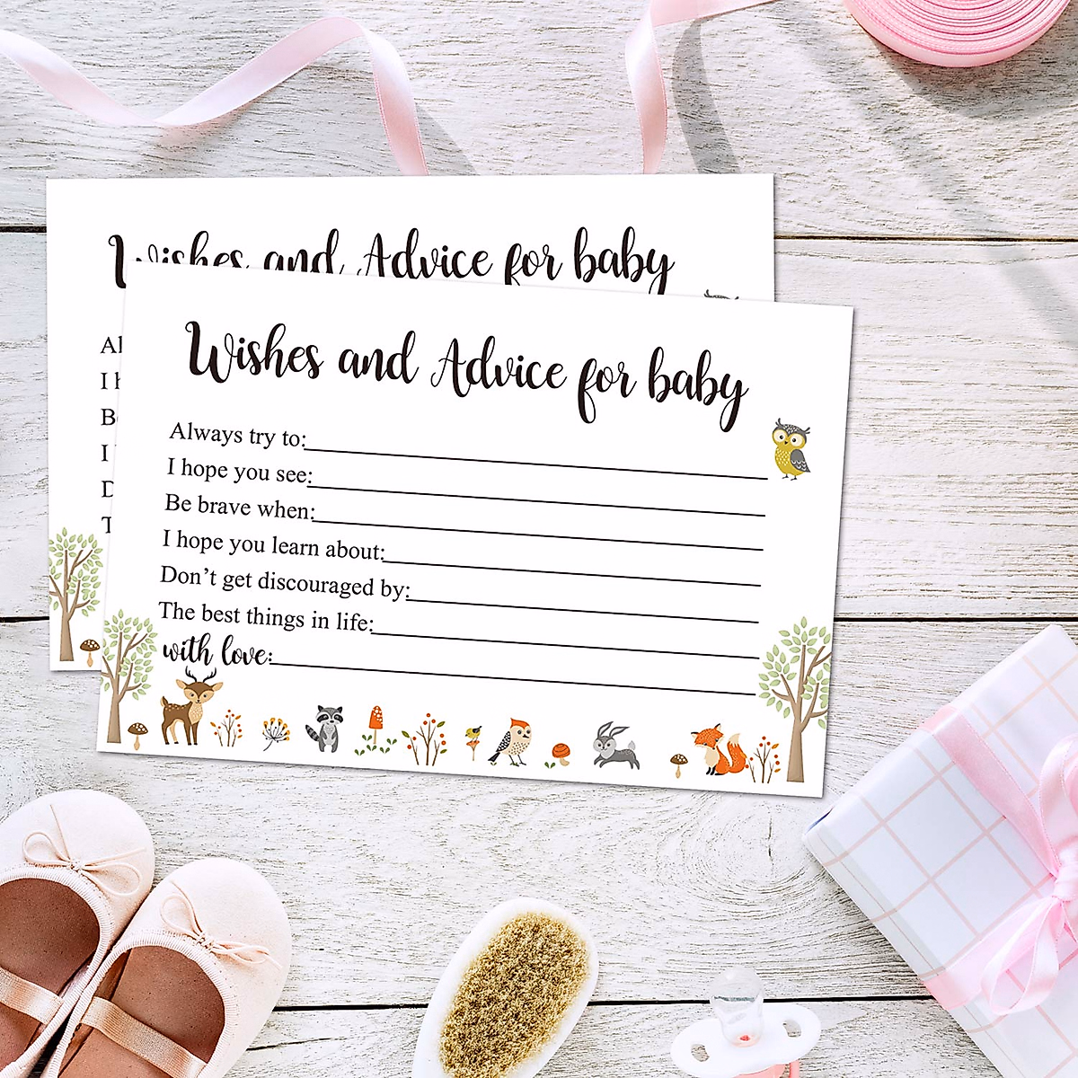 Giftideaworkshop 50 Woodland Baby Shower Wishes and Advice for The Mom-to-Be， Baby Advice Cards for Baby Shower Game，4X6 inch.