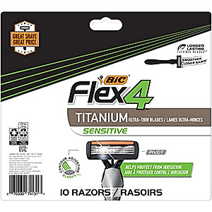 BIC Flex 4 Titanium Sensitive Disposable Razors For Men, For a Smooth, Ultra-Close and Comfortable Shave, 10 Piece DIsposable Razor Set with 4 Blades