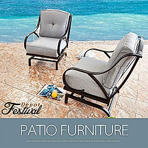 Festival Depot Patio Chair Set of 2 Metal Armchairs with Thick Cushions Outdoor Furniture for Bistro Deck Garden (Grey)