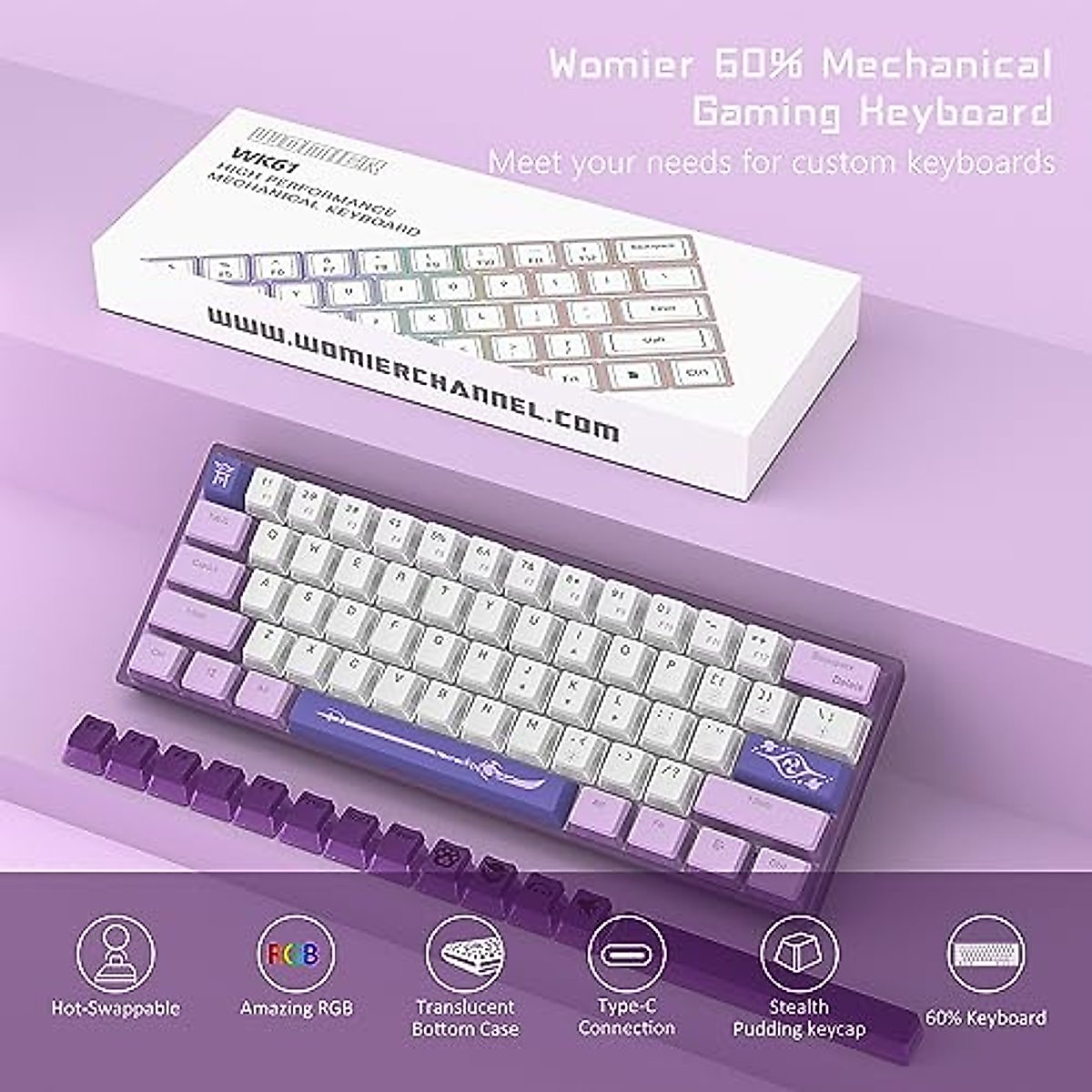 Womier WK61 Purple Keyboard - 60% RGB Mechanical Gaming Keyboard,Hot-Swappable Mini Keyboard w/Pudding Keycaps, Pro Driver/Software Supported - Red Switch(with Silicone Pad)