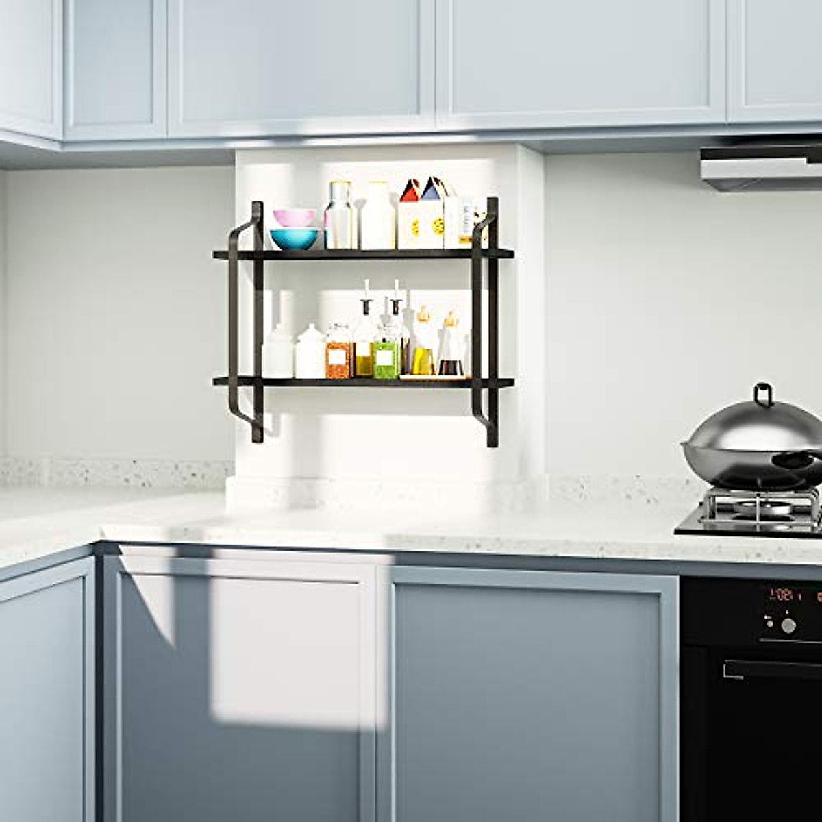 Love-KANKEI Floating Shelves Wall Mounted Industrial Wood Wall Shelves for Pantry Living Room Bedroom Kitchen Entryway, 2 Tier Heavy Duty Book Shelf Black