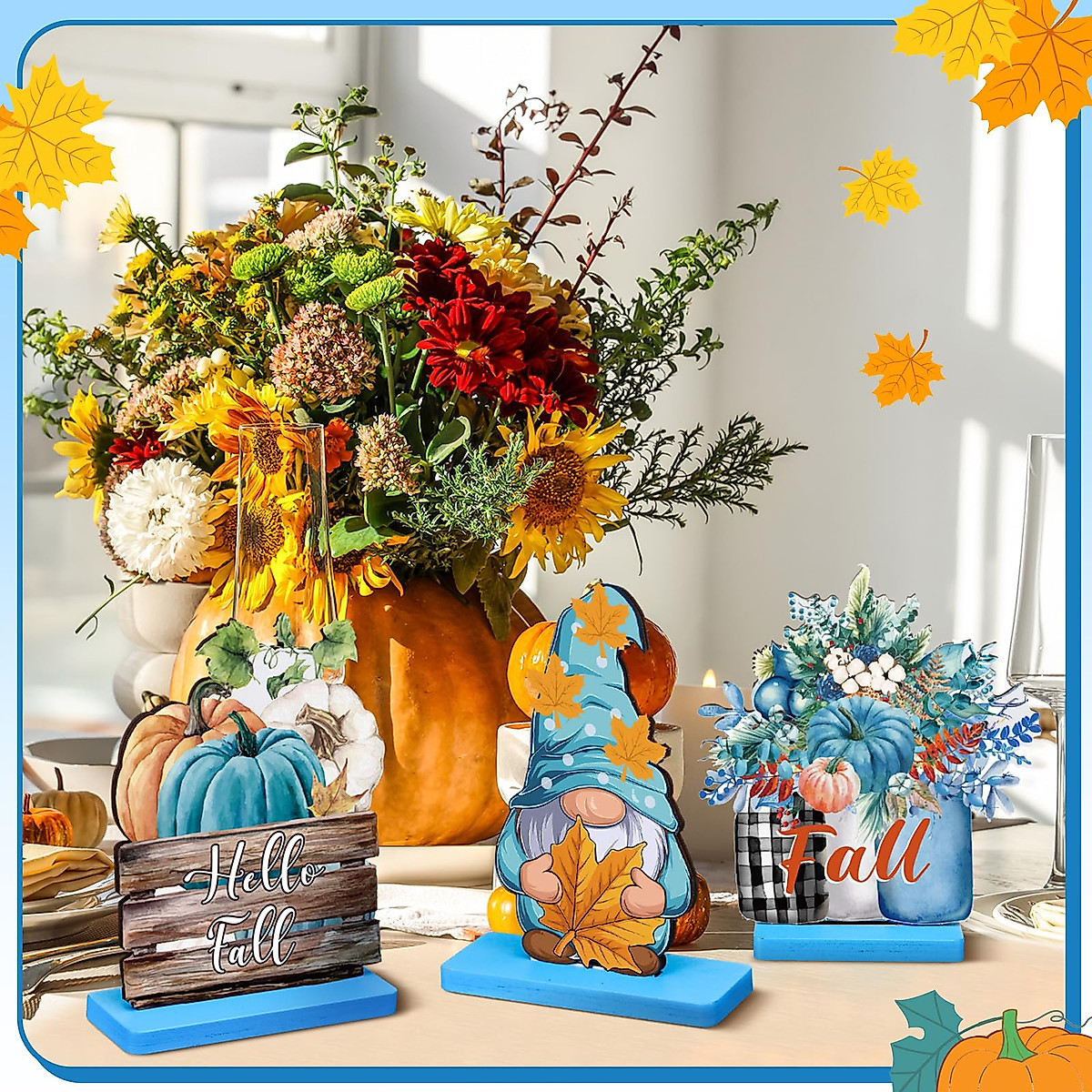 6 Pcs Thanksgiving Wooden Tabletop Decor Hello Fall Pumpkin Gnome Scarecrow Truck Wooden Table Signs Fall Table Decorations Centerpieces for Autumn Harvest Party Supplies(Classic,Blue)