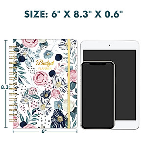 Budget Planner - Budget Book and Organizer With Expense Tracker Notebook, 6.3" x 8.4" Undated Bill Organizer with Pocket +Hardcover + Stickers +Premium Paper + Pen Holder - Floral