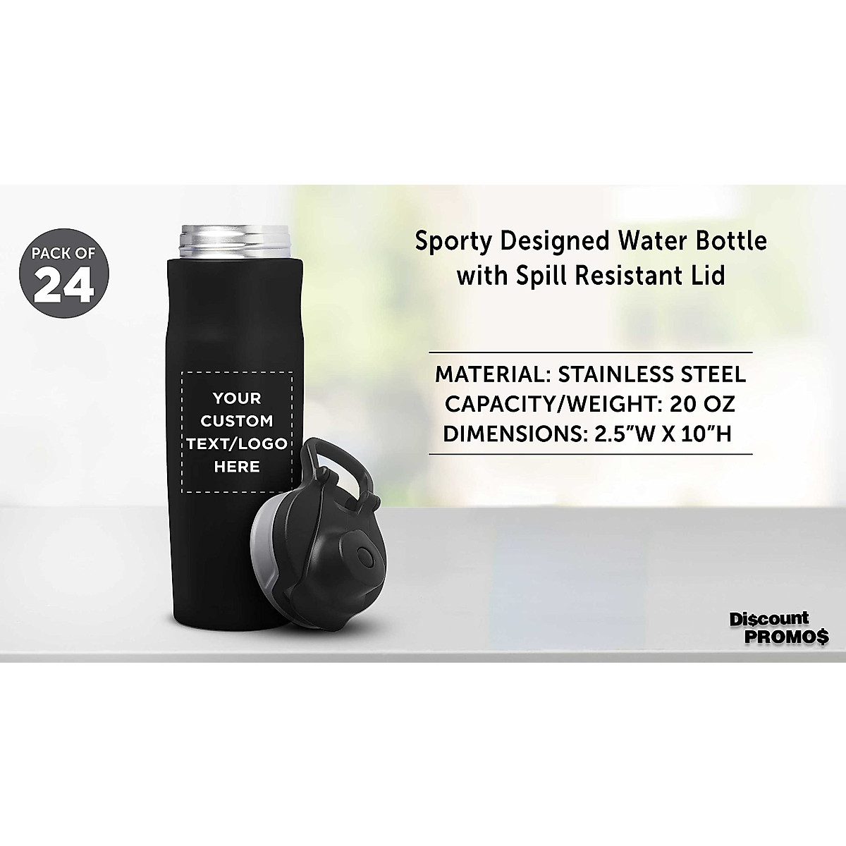 DISCOUNT PROMOS Custom Juno Water Bottles with Flip Lid 20 oz. Set of 24, Personalized Bulk Pack - Reusable, Great for Gym, Hiking, Cycling and for School - Black