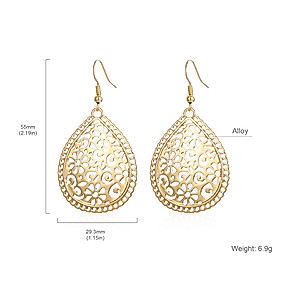 BIRSTONE Handmade Teardrop Earrings with Brushed Finished Dangle Earrings (Hollow Gold)