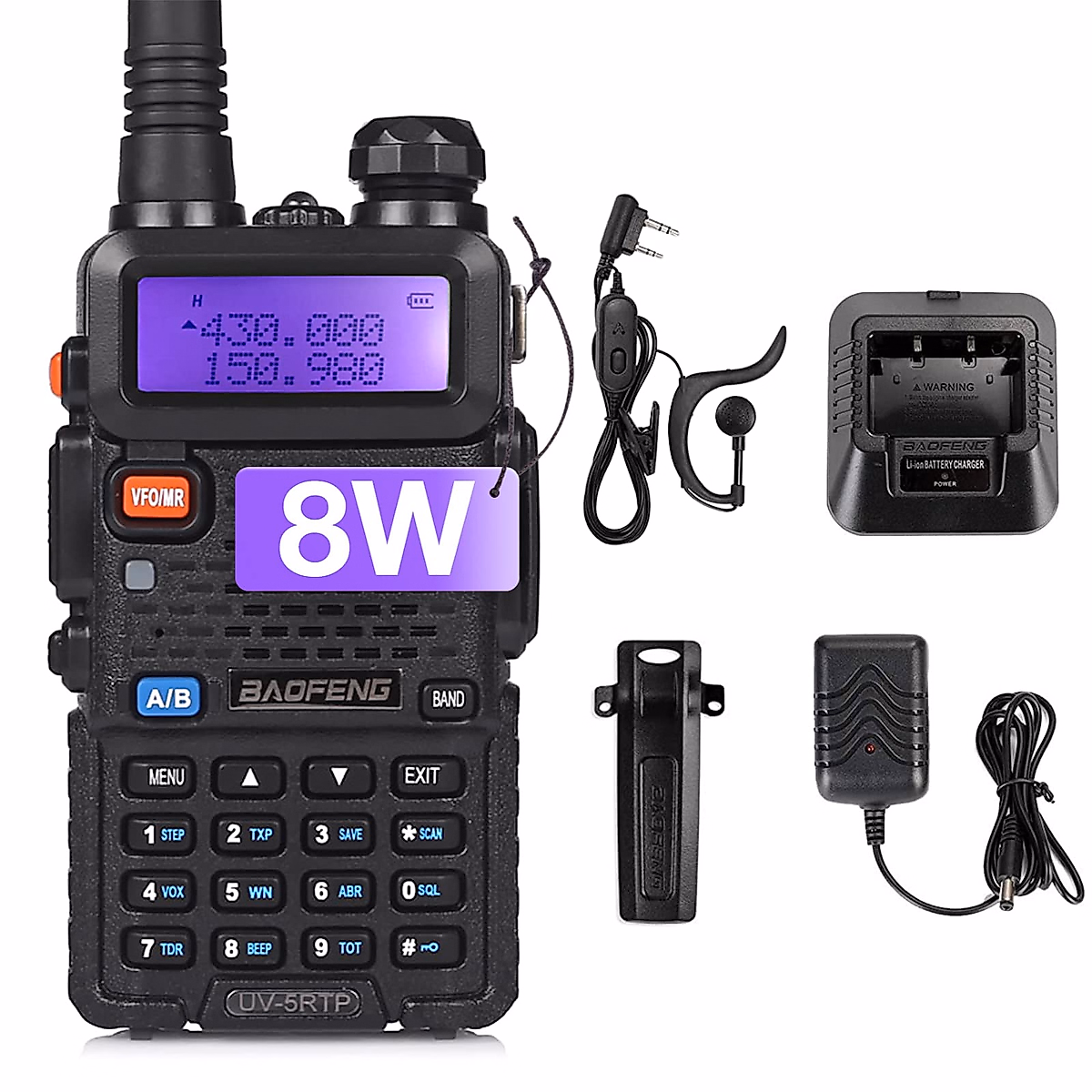 Baofeng UV-5RTP Dual Band Two Way Radio, UV-5R 8W High Power Version, Ham Radio Handheld with Earpiece, Black