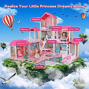 Mini Tudou Doll House Dreamhouse for Girls, Dollhouse with Lights, Play Mat and Dolls,DIY Building Pretend Play House with Accessories Furniture and Household Items,Playhouse for Girls 3-12 (9 Rooms)