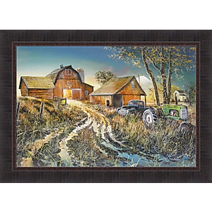 Home Cabin Décor Diamonds in The Rough by Jim Hansel 24x33 Red Barn Farm John Deere Tractor Evening Sunset Framed Art Print Picture