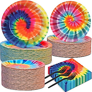 50 Guests Tie Dye Plates and Napkins Party Supplies Tie Dye Party Decorations Disposable Tableware Set Tie Dye Birthday Dinnerware Favor for Kids Girls Baby Shower Birthday Party Graduation, 200PCS