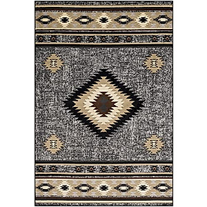 Tuckhome Southwestern Tribal Living Room Bedroom Dining Room Aztec Area Rug - Native American Indian Indie Carpet - Brown, Gray, Black, Beige, Tan - 6'7" x 9'6"