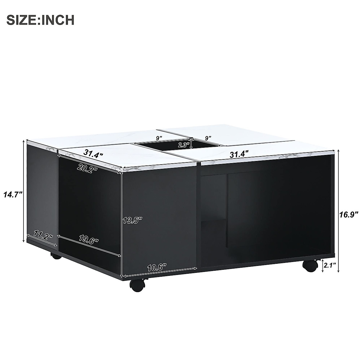 Modern Coffee Table with Storage & Casters, Coffee Tables for Living Room Cocktail Table with Removable Tray, Living Room High Gloss White Marble Top Center Table for Home Office