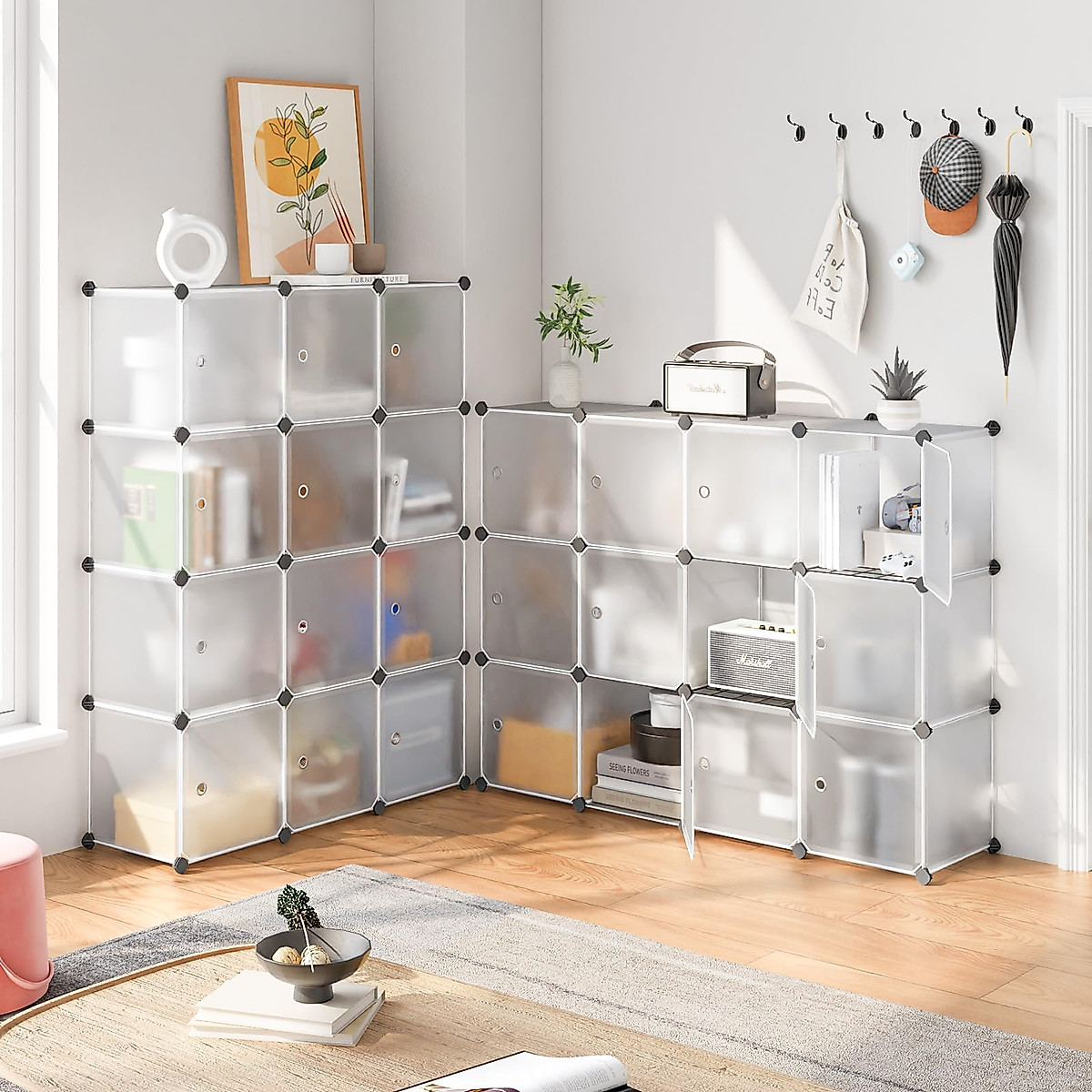 MAGINELS Cube Storage Organizer,12-Cubes Shelf Unit with Door and Metal Mesh. Large Capacity Storage Books,Toy and Clothes Organizers Cabinet. Ideal for Home, Bedroom,Office, Bookroom,White(14x14inch)