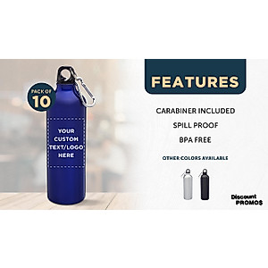 DISCOUNT PROMOS Custom Aluminum Water Bottles with Carabiner 24 oz. Set of 10, Personalized Bulk Pack - Perfect for Gym, Hiking, Camping, Running, Mountain Bike, Outdoor Sports - Met Blue