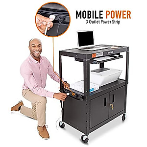 Line Leader Large AV Cart with Locking Cabinet | Height Adjustable Utility Cart | Includes Pullout Keyboard Tray & Cord Management | Easy Assembly (32in x 18in x 42in / Black)