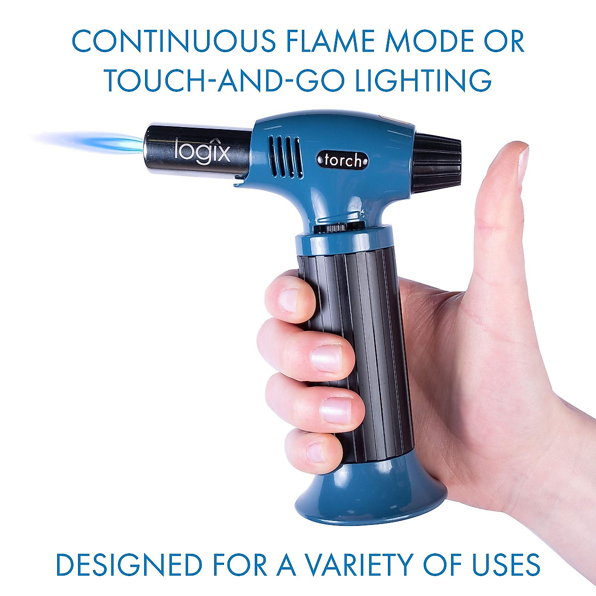 LOGIX 20910 Butane Torch, Cooking Torch, Torch for Creme Brulee, Refillable, 9.6 oz, Blue Steel