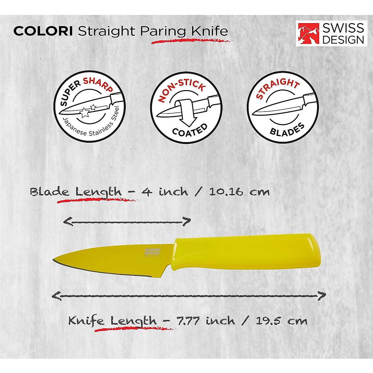 Kuhn Rikon Colori Non-Stick Straight Paring Knife with Safety Sheath, 4 inch/10.16 cm Blade, Lemon