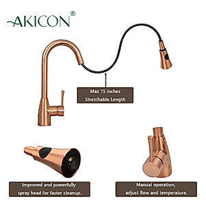 Copper Kitchen Faucet with Soap Dispenser, Single Handle Solid Brass High Arc Pull Down Sprayer Head Kitchen Sink Faucets with Deck Plate AK96455