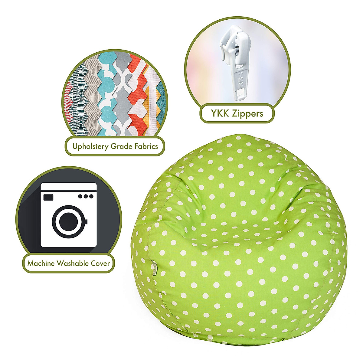 Majestic Home Goods Classic Bean Bag Chair - Mini Polka Dots Giant Classic Bean Bags for Small Adults and Kids (28 x 28 x 22 Inches) (Lime Green)