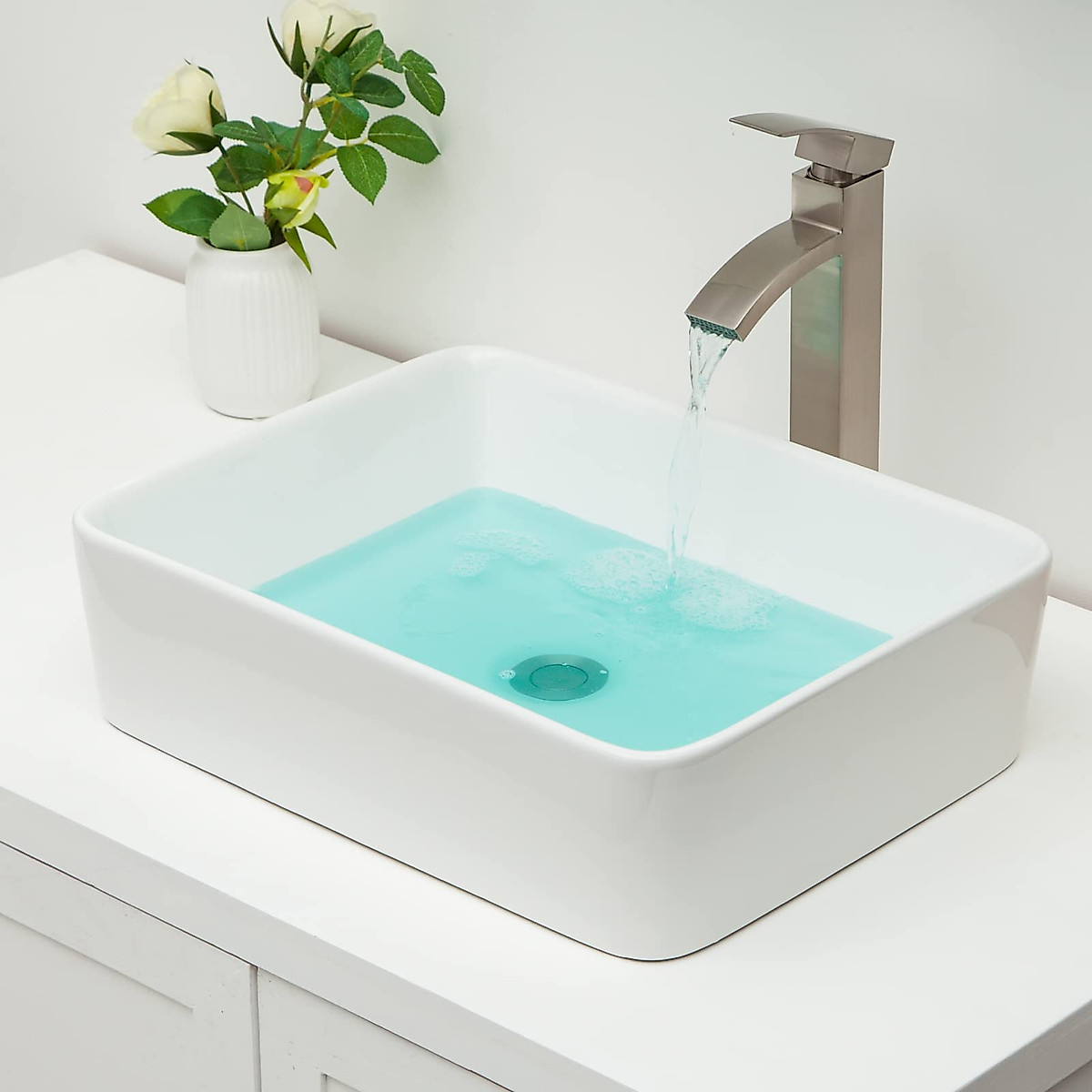 Bathroom Vessel Sink Countertop Rectangular - Kichae 19x15 Inch Modern White Bathroom Sinks Rectangle Above Counter White Porcelain Ceramic Vessel Vanity Sink Art Basin