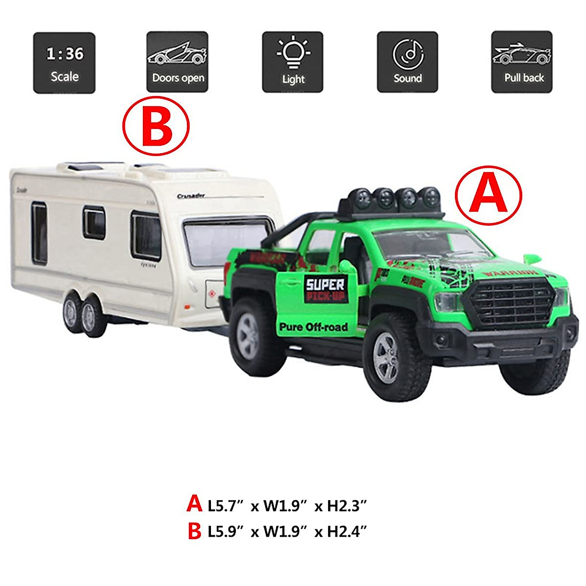 Pickup Truck Trailer Towing Toy Camper 2 in 1 Playset RV Motorhome Toys for Boys Diecast Model Car Metal Pull Back Toy Cars 1/36 Scale SUV Doors Open Light Sound Kids Birthday Gifts, Green