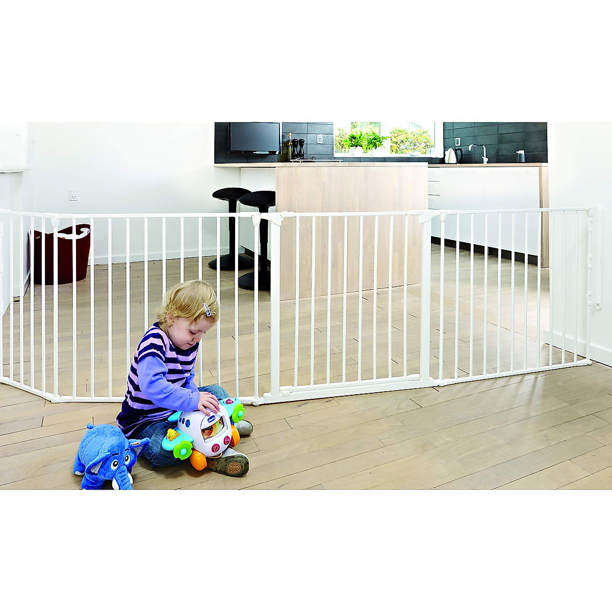 BabyDan Flex Hearth 35.4-109.5 Inch Wide Extra Large Size Safety Baby Gate for Fireplace, Hearths, and Doorways, White