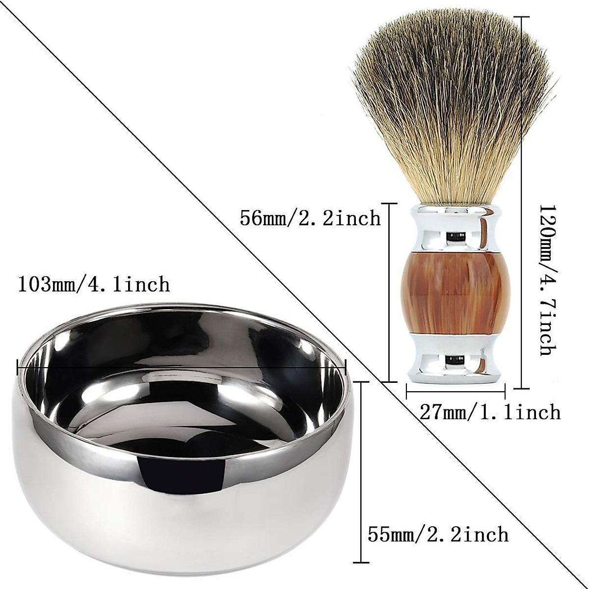 Grandslam Shaving Bowl and Brush Kit, Stainless Steel Shaving Bowl With Lid, Badger Hiar Shaving Brush, Wide Mouth, Shaving Kit For Men