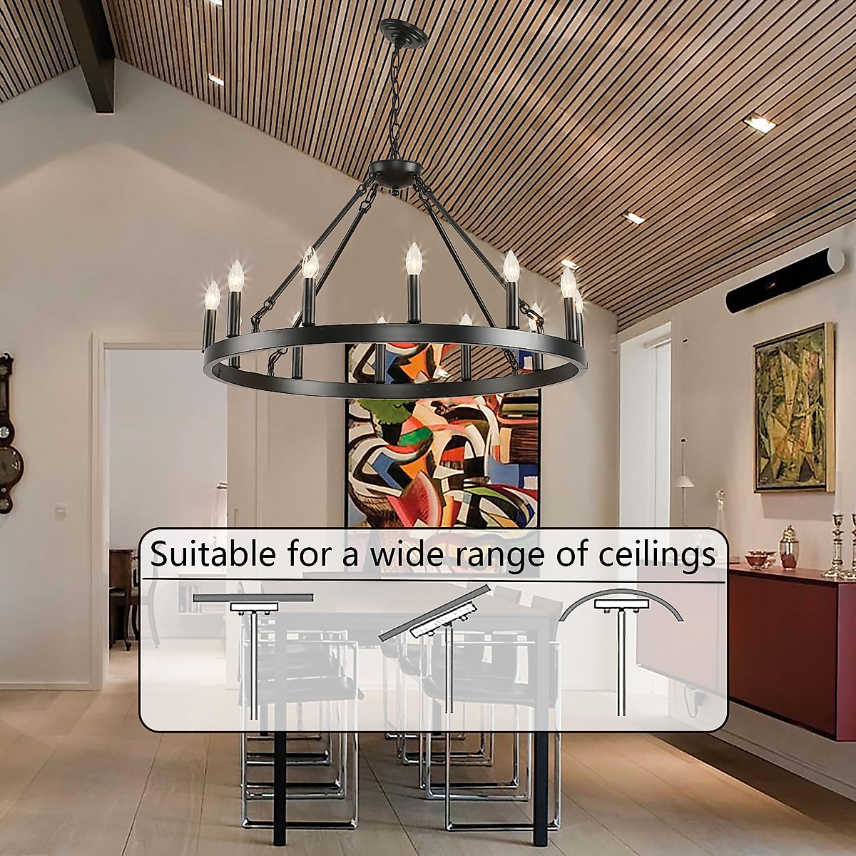 ZBMYRBZJ Black Wagon Wheel Chandelier 32 inch,12-Light Farmhouse Wagon Wheel Chandeliers Round Industrial Ceiling Light fixtures for Outdoor Porch high Ceilings Living Dining Room Foyer Entryway