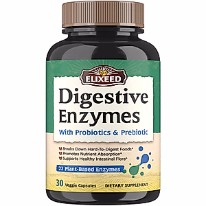 Elixeed Digestive Enzymes Plus Probiotics & Prebiotics, 22 Digestive Enzymes with Amylase, Protease, Lactase & More, Maximum Strength, for Healthy Digestion, Vegan, Non-GMO, 30 Caps