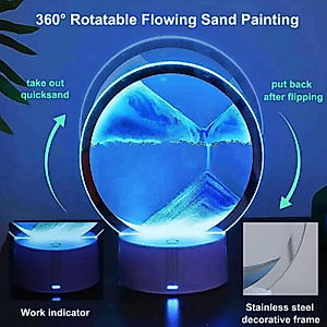 Desniltol 3d Moving Sand Art Picture Desk Lamp, 360° Rotating Hourglass Lights, RGB Color Changing Table Lamp,Sand Art Liquid Motion Colorful Creative Sea 3d Glass Quicksand Painting Night Light(Blue)