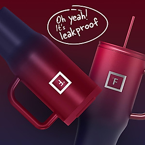 IRON FLASK Co-Pilot Insulated Mug w/Straw & Flip Cap Lids - Cup Holder Bottle for Hot, Cold Drink - Leak-Proof - Water, Coffee Portable Travel Mug - Dark Rainbow, 40 Oz