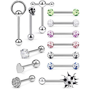 Hoeudjo 13Pcs 14G Surgical Steel Tongue Rings Teaser Double Barbell with Slave Ring Body Piercing Jewelry for Women Men 16mm Silver-Tone Heart Diamond Flower
