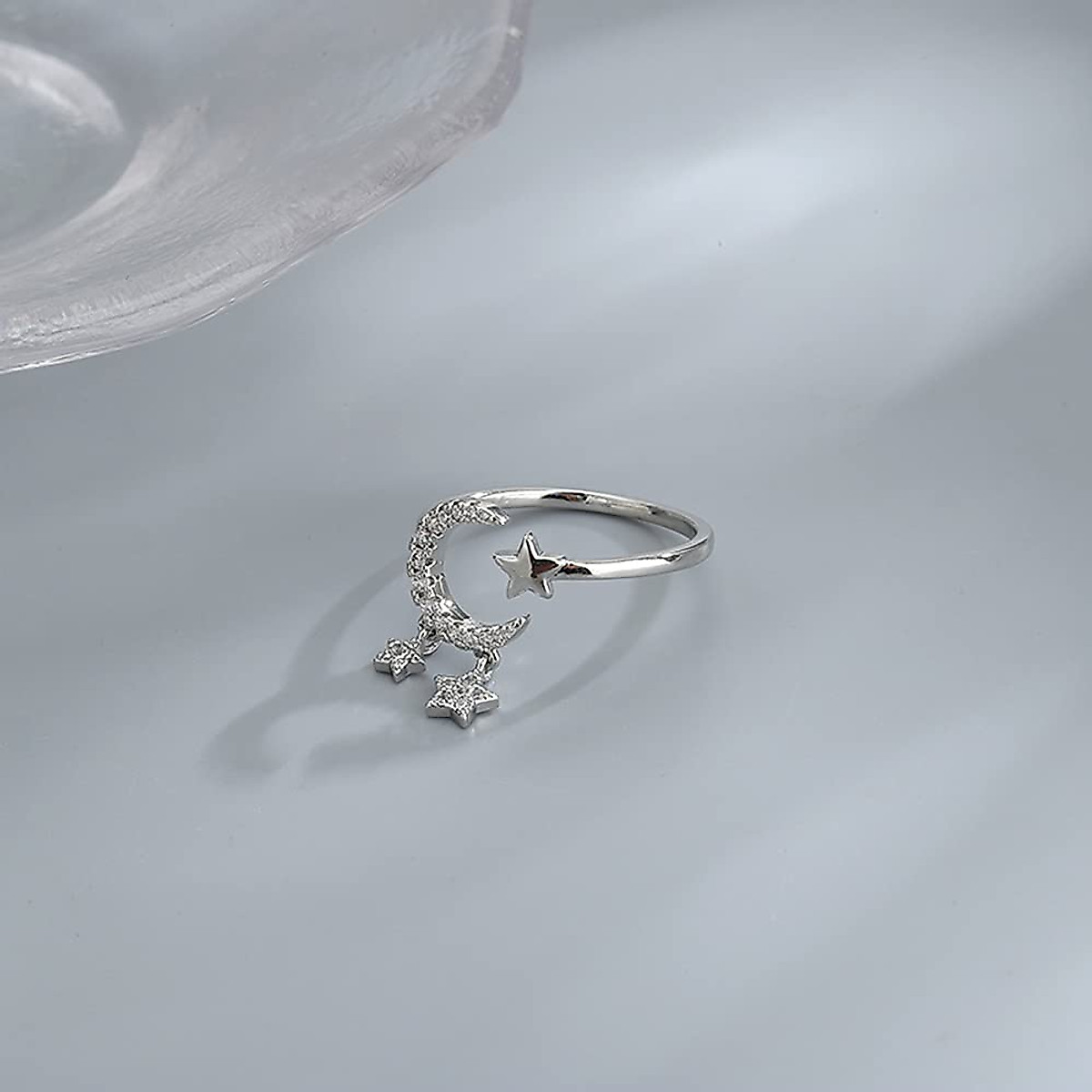 Crescent Moon Star Open Rings for Women Cubic Zirconia Dangle Tassel Adjustable Stacking Statement Knuckle Finger Ring Promise Wedding Promise Gift Anniversary Valentine's Day Fashion Jewelry Gifts Daughter