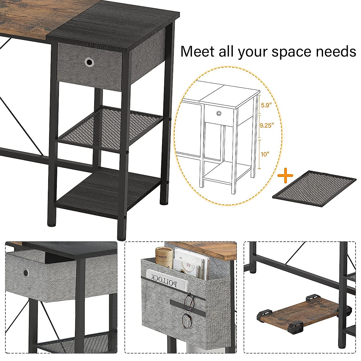 SUAYLLA L Shaped Desk with Drawers, Computer Gaming Desk with Storage Shelves, Work Desk for Home Office L-Shaped, 2 Person Long Table for Writing Workstation, Rustic Brown