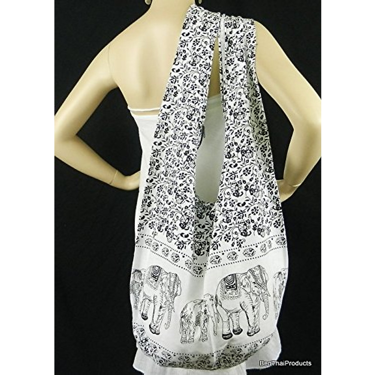 BTP! Elephant Floral Print Sling Crossbody Shoulder Bag Purse Hippie Hobo Thai Cotton Gypsy Bohemian Large (White YI-8)