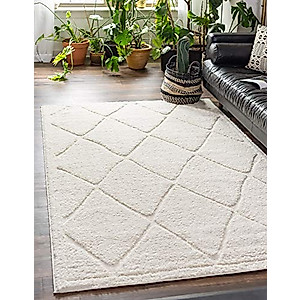 Rugs.com Lattice Shag Collection Rug – 5' x 8' Ivory Shag Rug Perfect for Living Rooms, Large Dining Rooms, Open Floorplans
