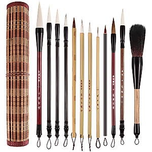12 Pieces Chinese Calligraphy Brushes Painting Writing Brushes Watercolor Brushes Set Kanji Japanese Sumi Painting Drawing Brushes Kanji Art Brushes with Roll-up Brush Holder