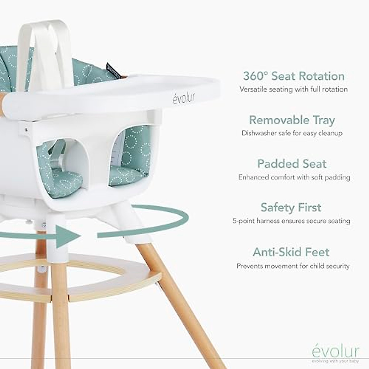 Evolur Ann Beechwood 4-in-1 Highchair | 360 Seat Rotation | Booster seat | Floor Chair | Bar Stool Chair | 5 Point Safety Harness | Blue