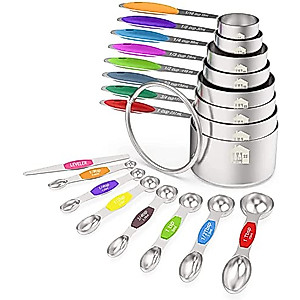 Measuring Cups and Magnetic Measuring Spoons Set, Wildone Stainless Steel 16 Piece Set, 8 Measuring Cups & 7 Double Sided Stackable Magnetic Measuring Spoons & 1 Leveler